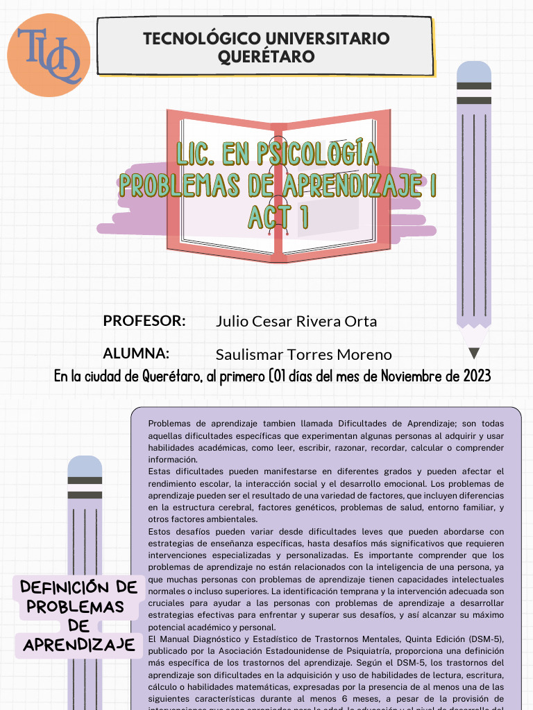 Act 1 Problemas de Aprendizaje I Tema Trastornos de Aprendizaje | PDF