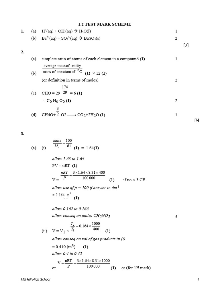 1.2 Test Mark Scheme | PDF | Mole (Unit) | Chemistry