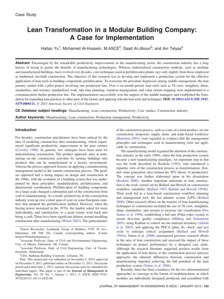 Lean Transformation in A Modular Building Company: A Case For Implementation | PDF