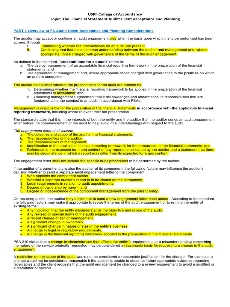 Lecture Notes Overview Of Fs Audit Client Acceptance And Planning Considerations Pdf