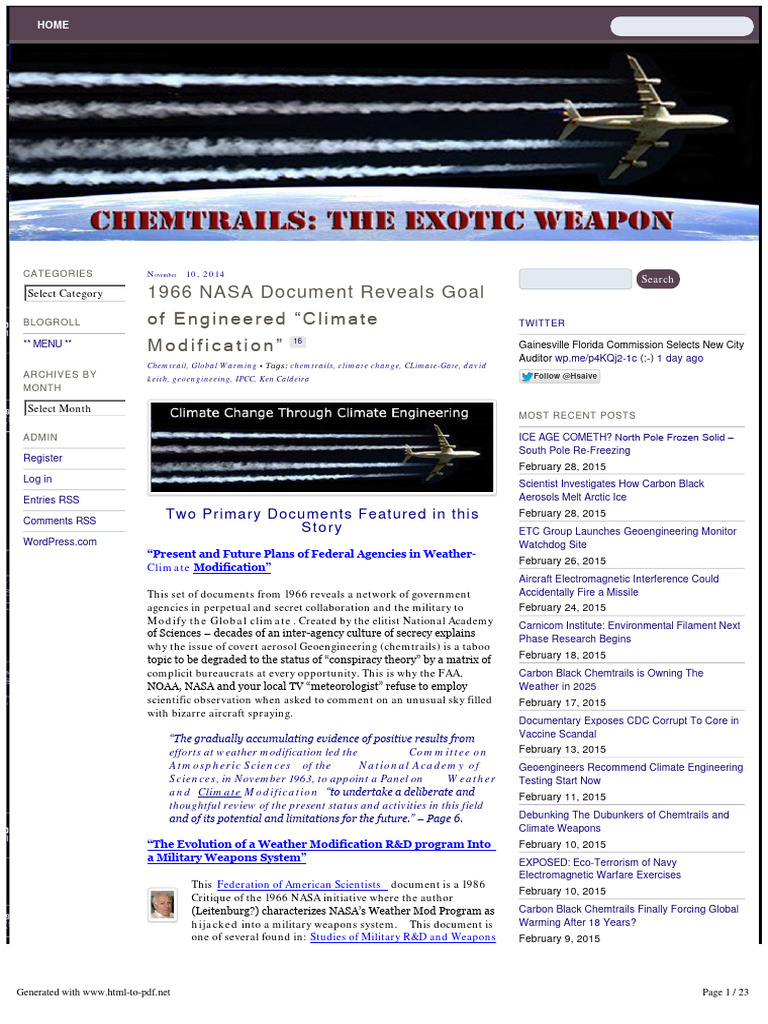 1966 NASA Document Reveals Goal of Geoengineered Climate Modification | PDF