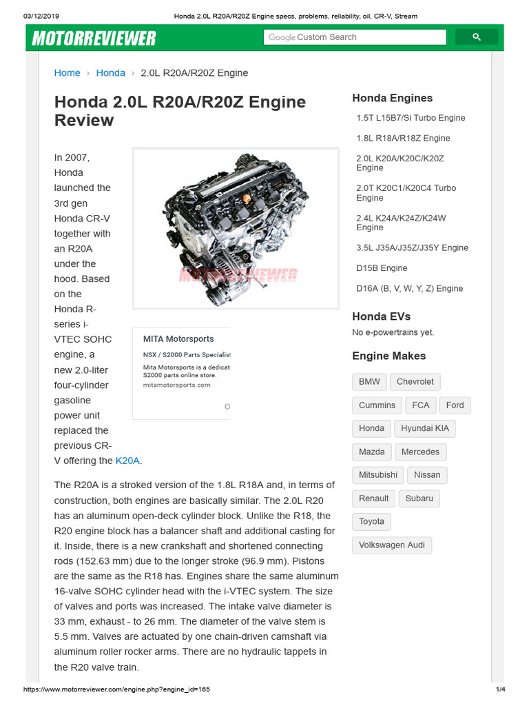 Honda 2.0L R20A-R20Z Engine Specs, Problems, Reliability | PDF ...