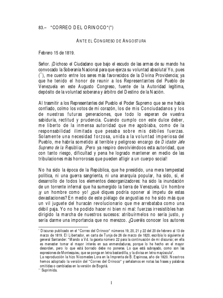 Bolivar. Discurso de Angostura 1819 | PDF | República | Democracia
