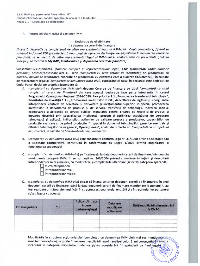 Anexa 1.1. Declaratie Eligibilitate IMM Si ITT | PDF