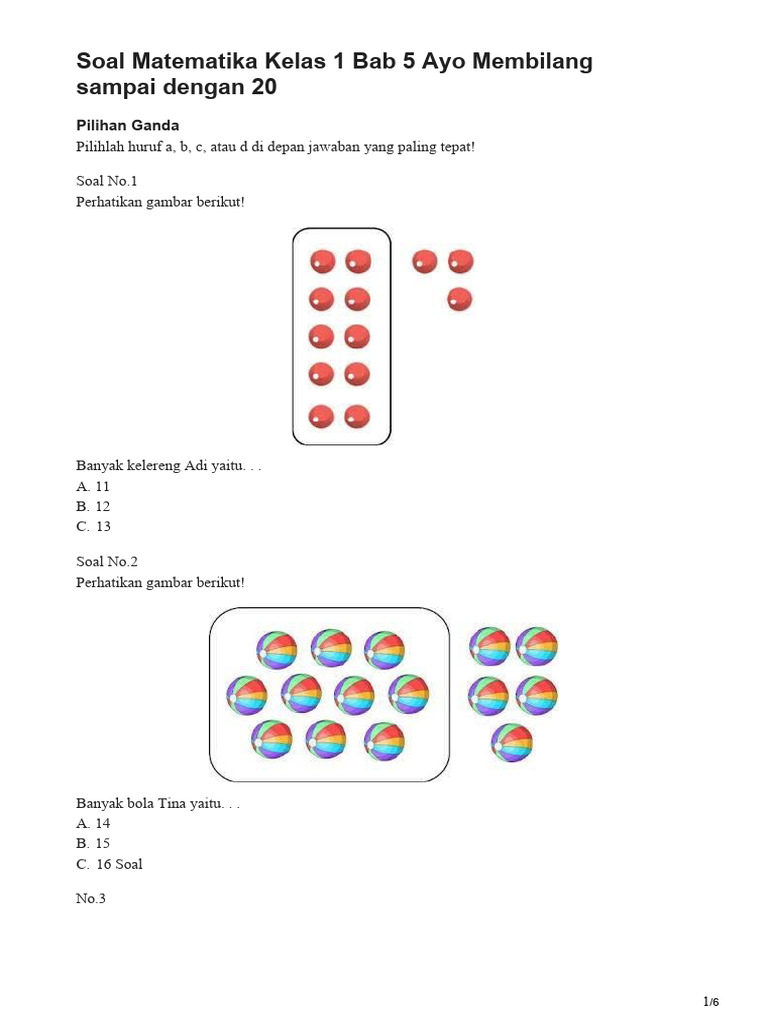 Soal Matematika Kelas 1 Bab 5 Ayo Membilang Sampai Dengan 20 - 2 | PDF | Seni