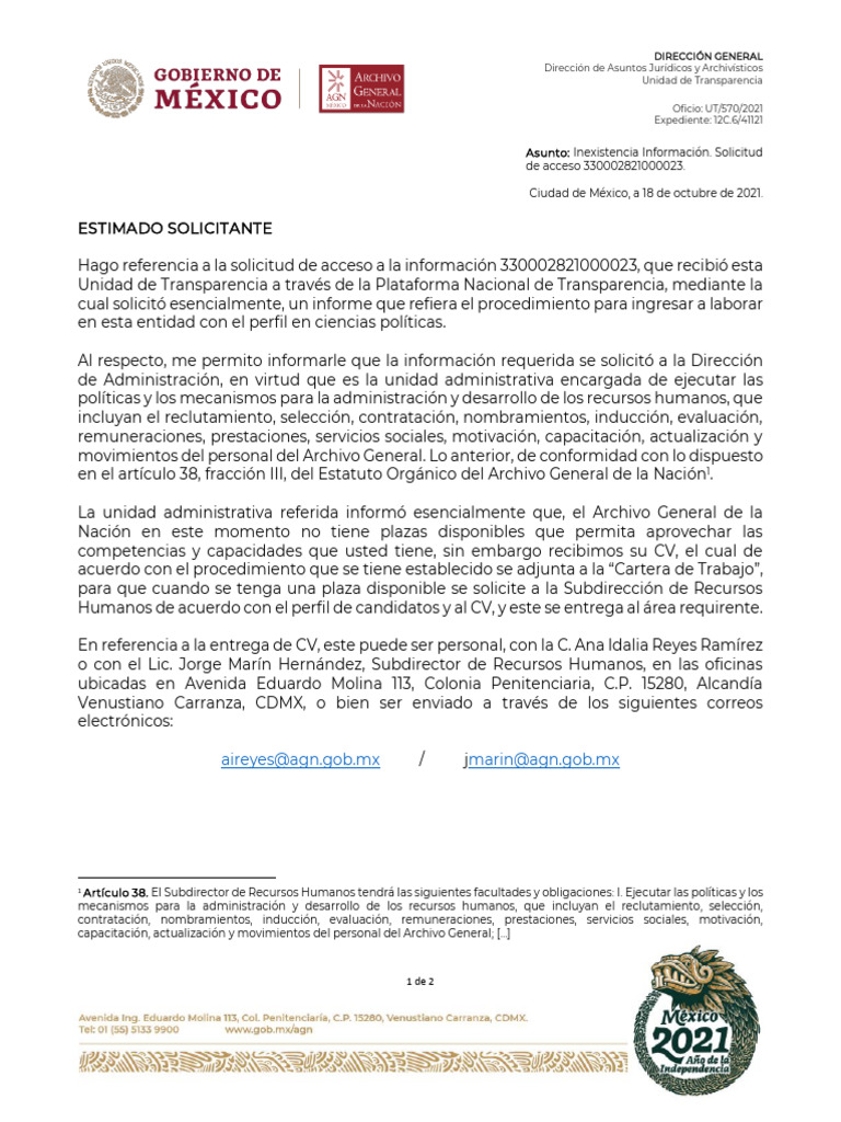 Oficio Respuesta - Solicitud 023 | PDF | Gestión de recursos humanos ...