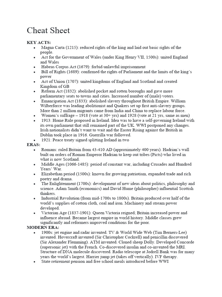 Life in The UK Cheat Sheet | PDF | Kingdom Of England | Monarchy Of The ...