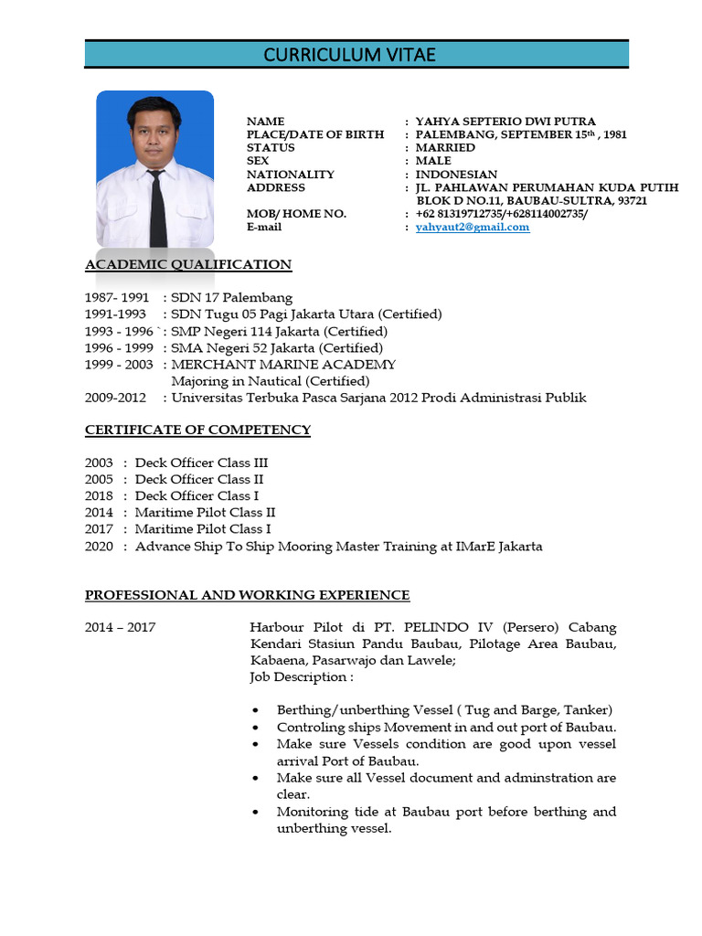 CV Yahya | PDF | Maritime Pilot | Freight Transport