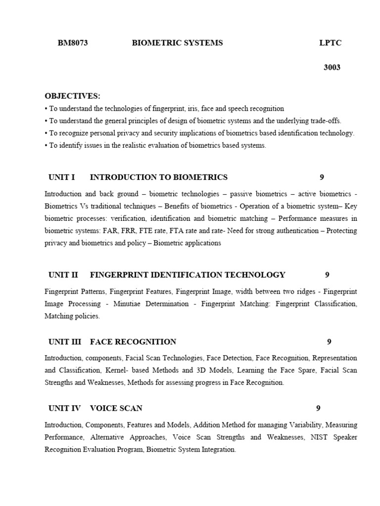 BM8073 BIOMETRIC SYSTEMS Syllabus | PDF | Biometrics | Fingerprint
