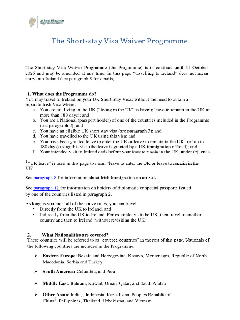 Irish Short Stay Visa Waiver Programme February 2023 | PDF