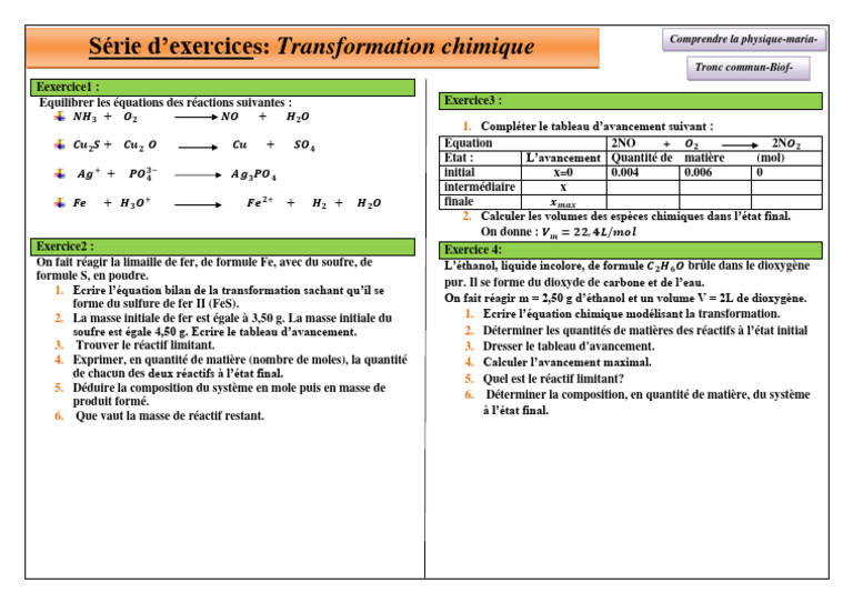 Série D'exercices Transformations Chimiques | PDF