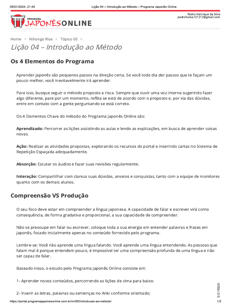Lição 04 - Introdução Ao Método - Programa Japonês Online | PDF