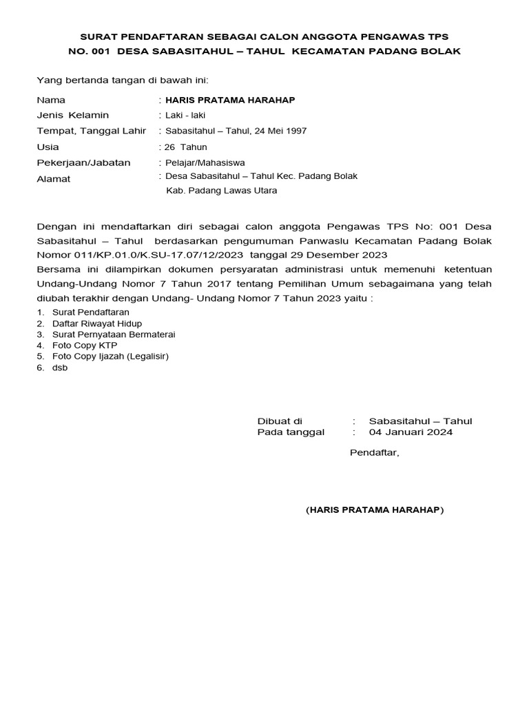 Berkas Pendaftaran Sebagai Calon Anggota Pengawas Tps Randuk HRP | PDF