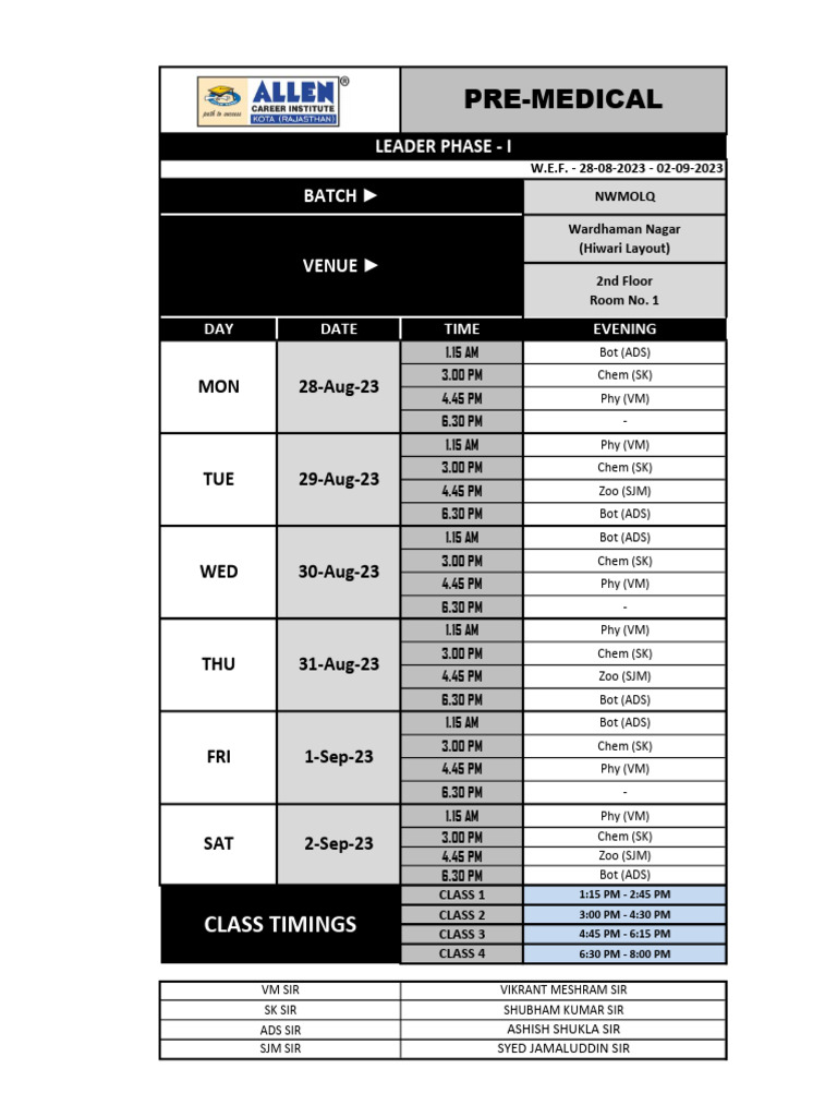 Pre-Medical Class Schedule: Aug-Sep 2023 | PDF