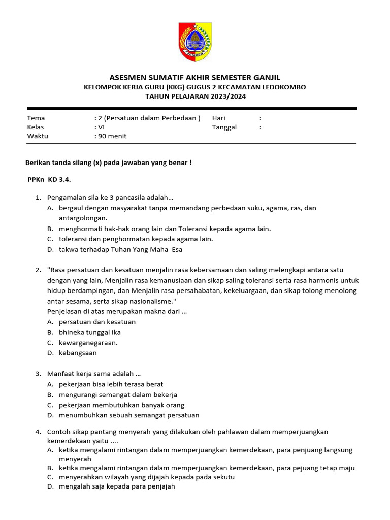 ASESMEN SUMATIF AKHIR SEMESTER GANJIL Tema 2 | PDF