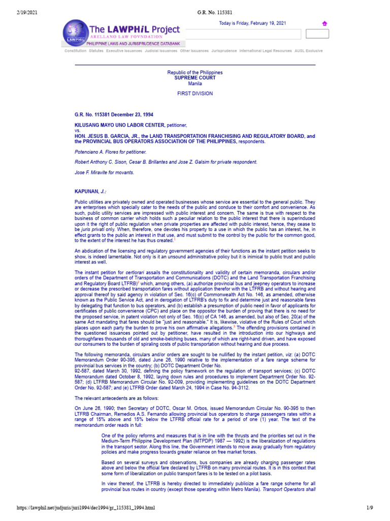 Kilusang Mayo Uno Labor Center vs. Jesus Garcia, GR 115381, 23 December 1994 | PDF | Business | Law