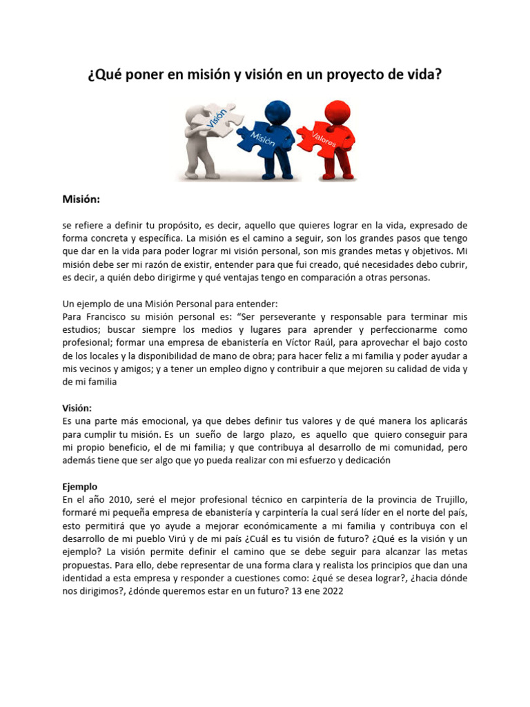 Misión y Visión en un Proyecto de Vida | PDF