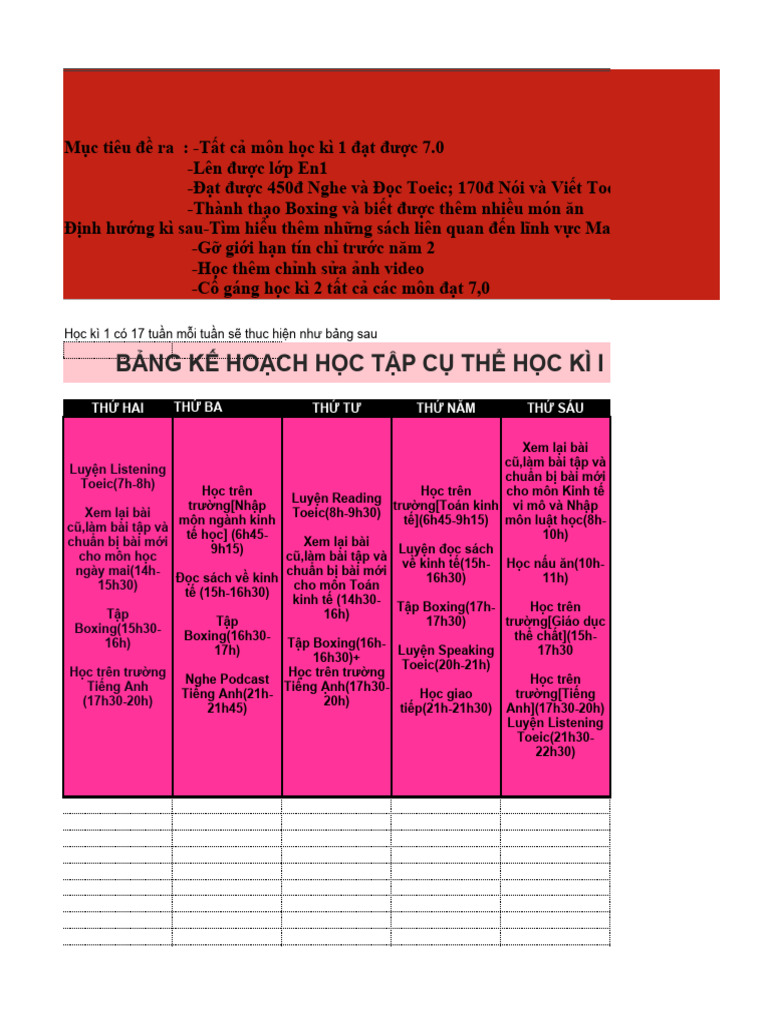 Bang Ke Hoach Hoc Tap | PDF