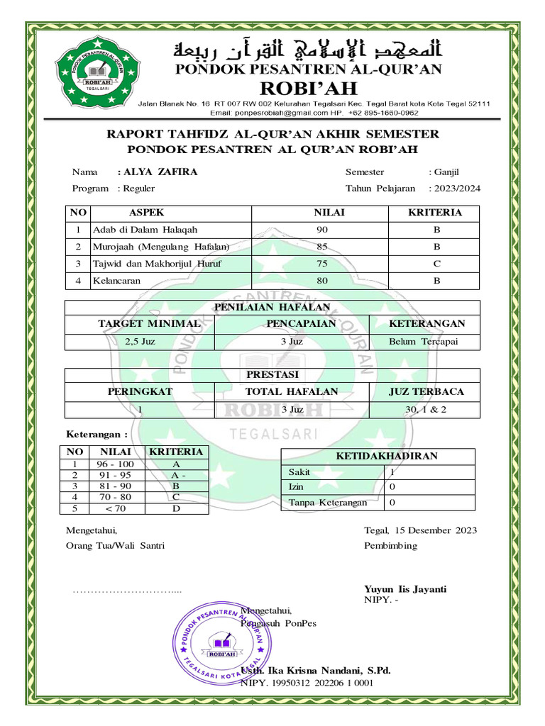 Kertas 1 Format Rapot Hafalan 22 | PDF