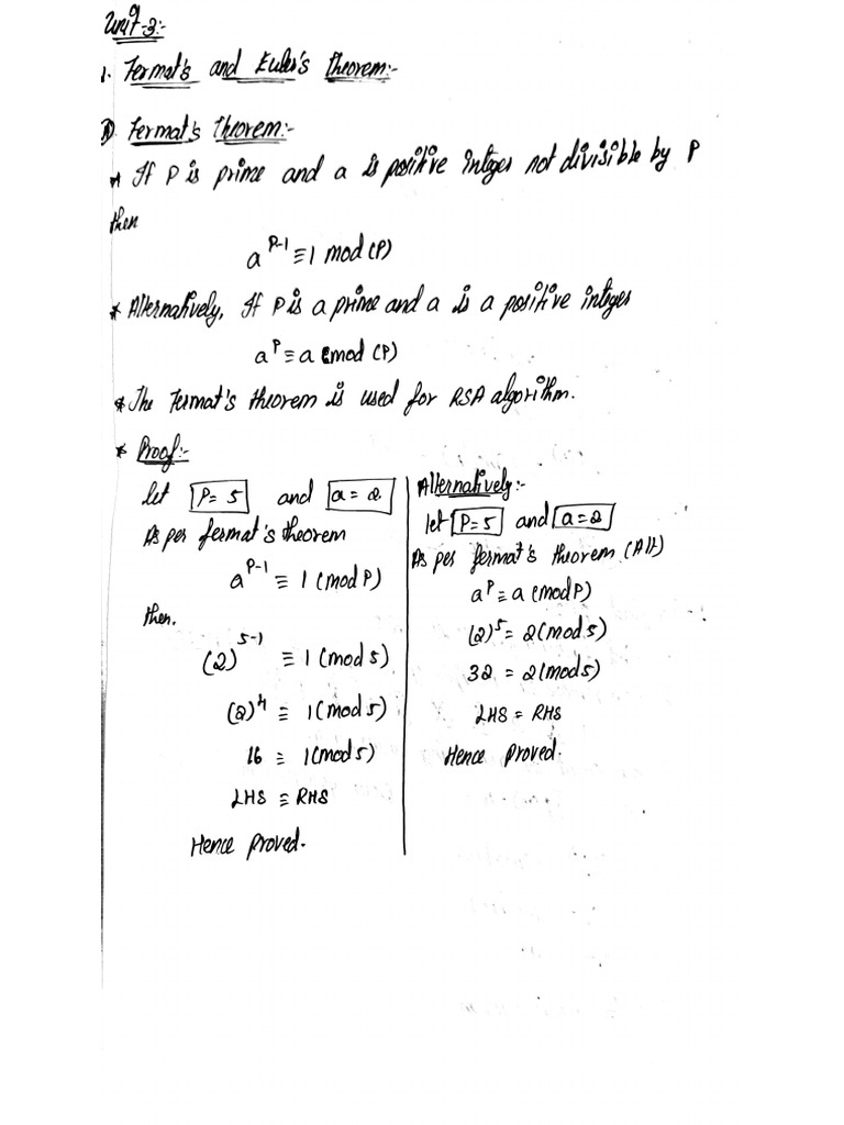 Unit 3 - Fermat's and Euler's Theorem | PDF