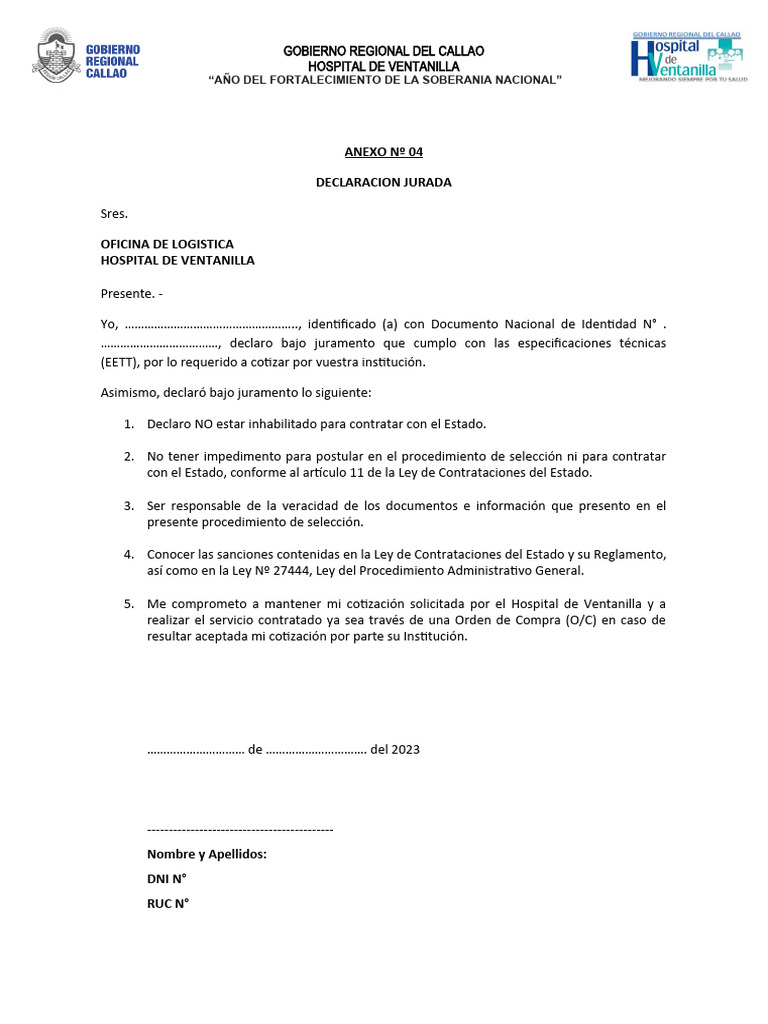 Anexo N 04 - Formato Declaracion Jurada | PDF
