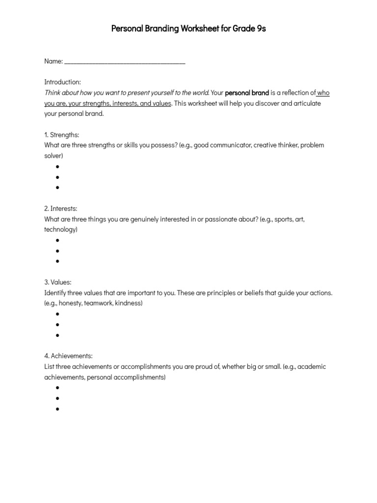 Personal Branding Worksheet for Teens | PDF