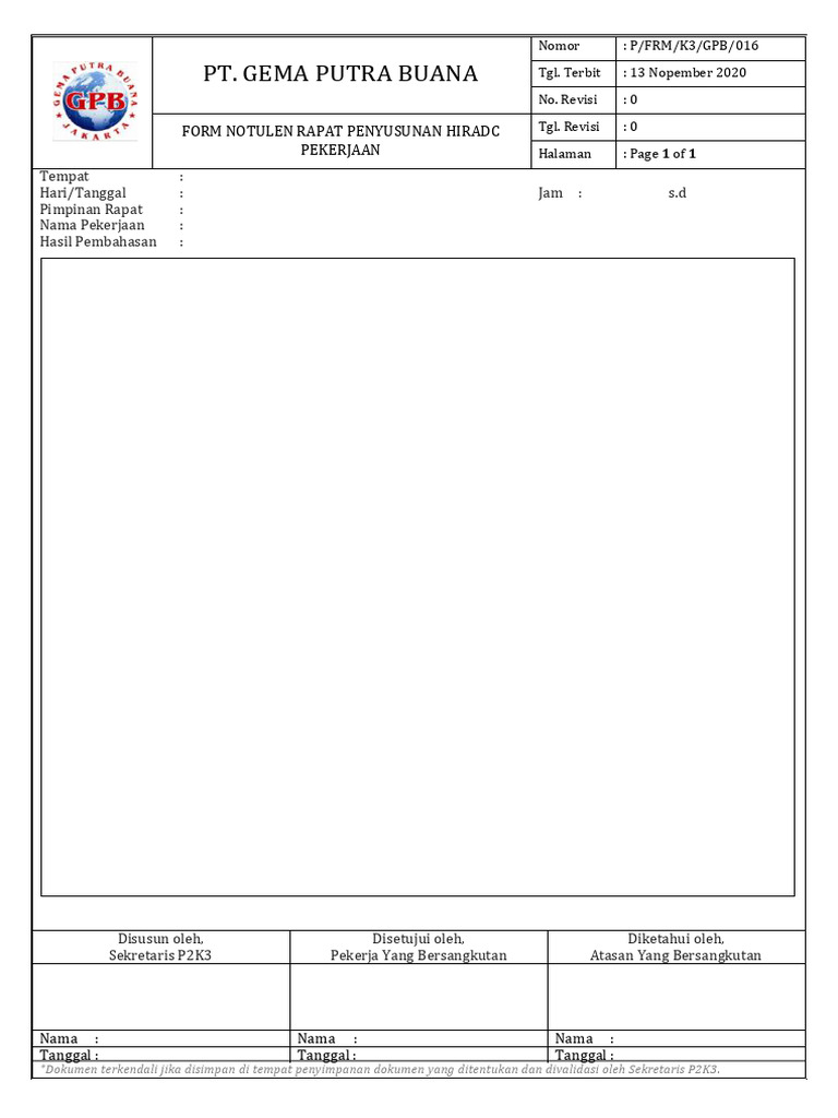 Format Notulen Rapat P2K3 | PDF