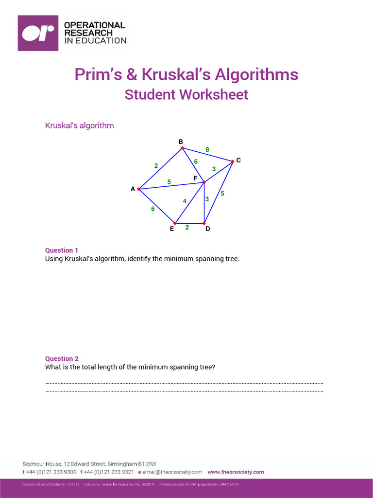 OR in Education - Prim's and Kruskal's Algorithm Student Worksheet | PDF