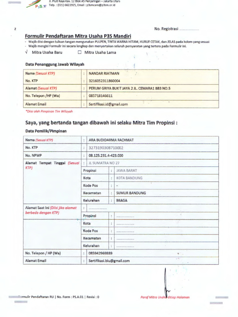 Formulir Permohonan Mitra Usaha Mandiri P3SM Data Lengkap | PDF
