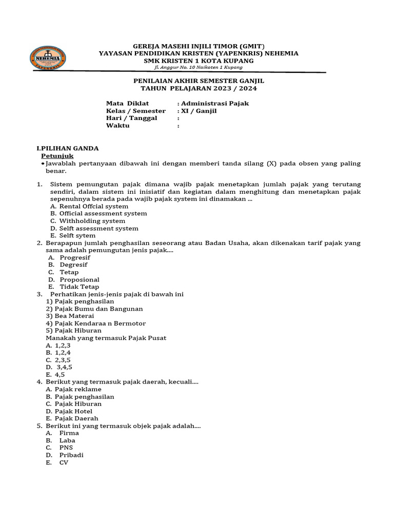 ADMINISTRASI PAJAK KELAS XI AKUNTANSI (Semester Ganjil Tahun 2023) | PDF