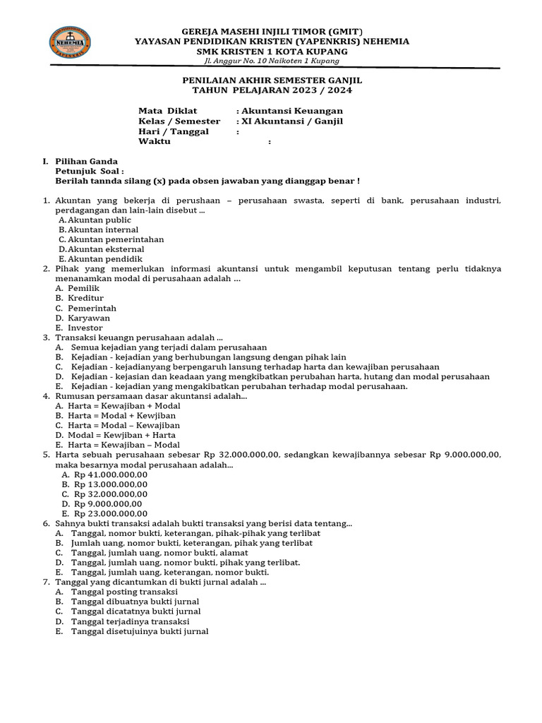 AKUNTANSI KEUANGAN KELAS XI AKUNTANTANSI (Semester Ganjil Tahun 2023) | PDF