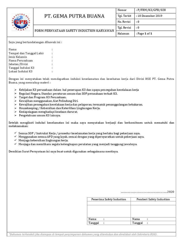 Form Safety Induction Karyawan Baru | PDF