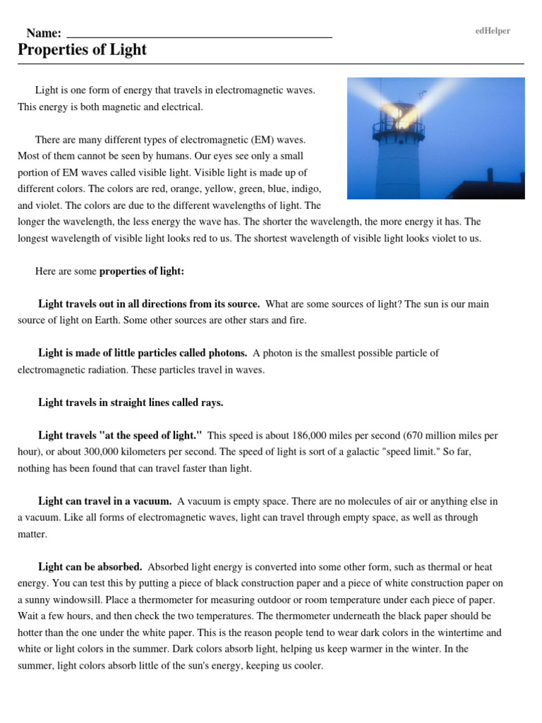 Light Properties for Young Learners | PDF