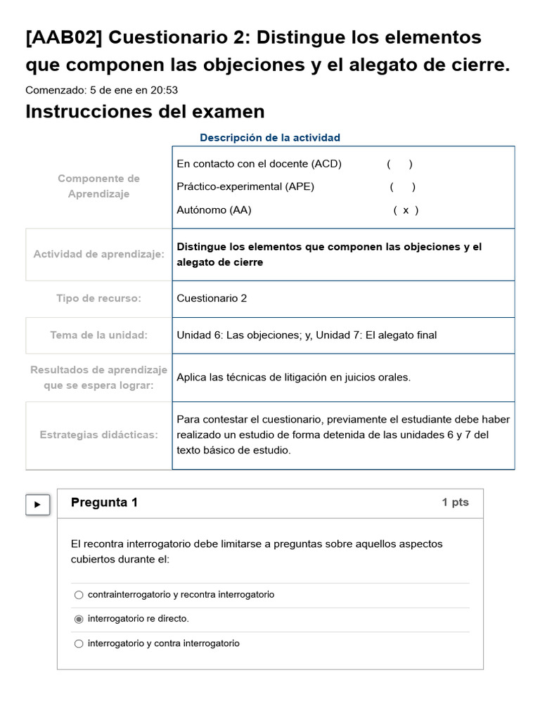 Examen - (AAB02) Cuestionario 2 - Distingue Los Elementos Que Componen Las Objeciones y El ...