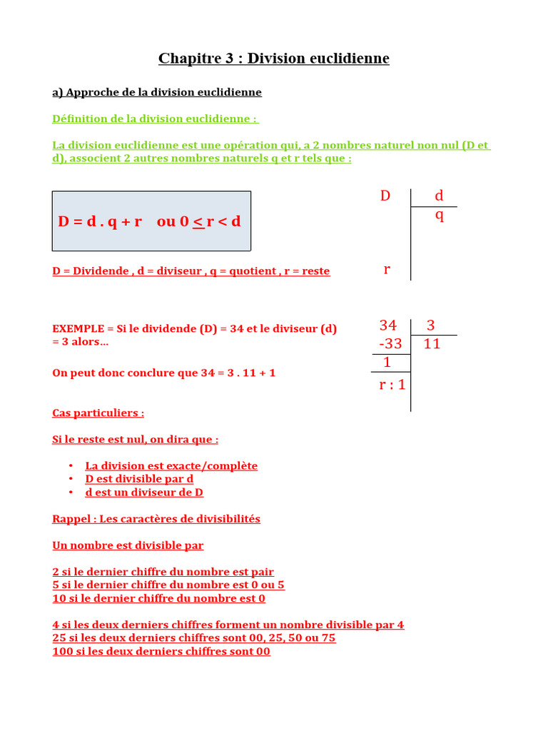 Synthèse - Chapitre 3 - Division Euclidienne | PDF