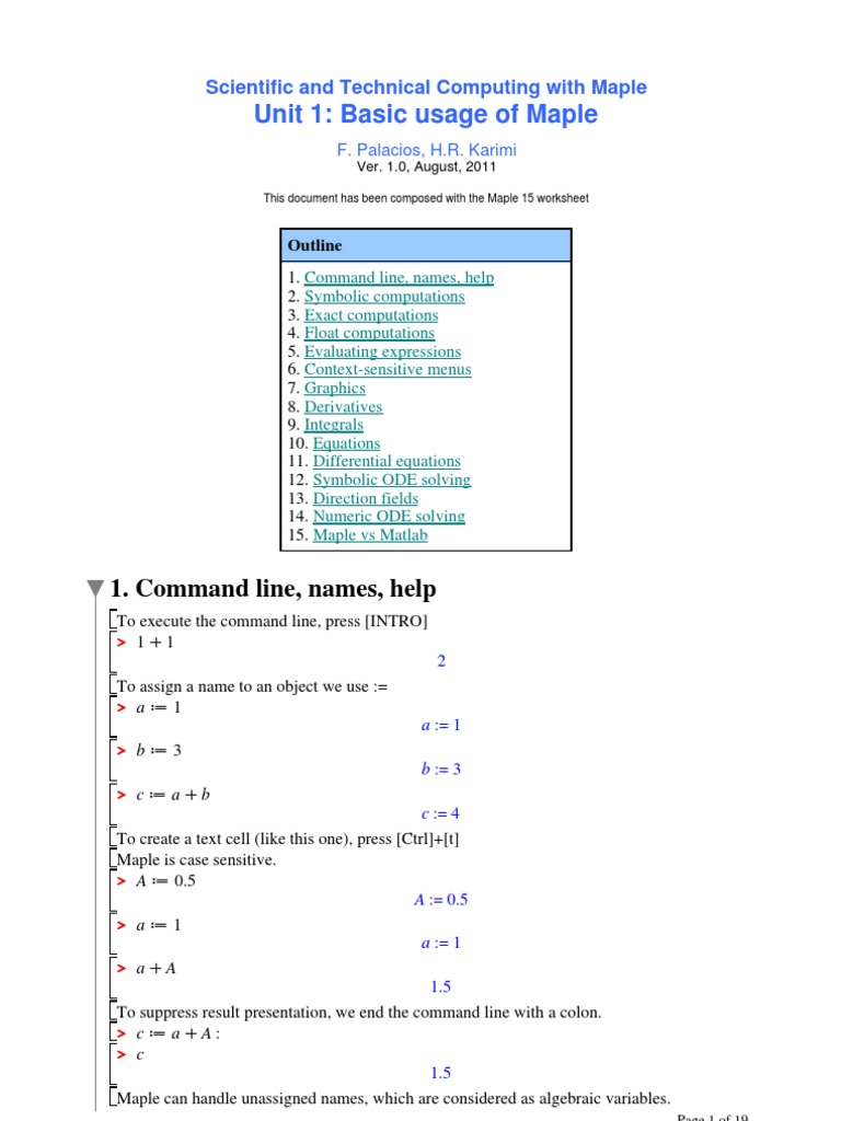 Unit 1: Basic Usage of Maple: 1. Command Line, Names, Help | PDF | Pi ...
