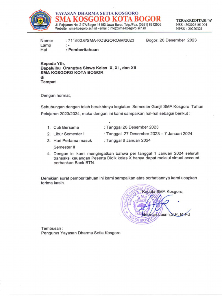 Surat Edaran Libur Semester 1 | PDF