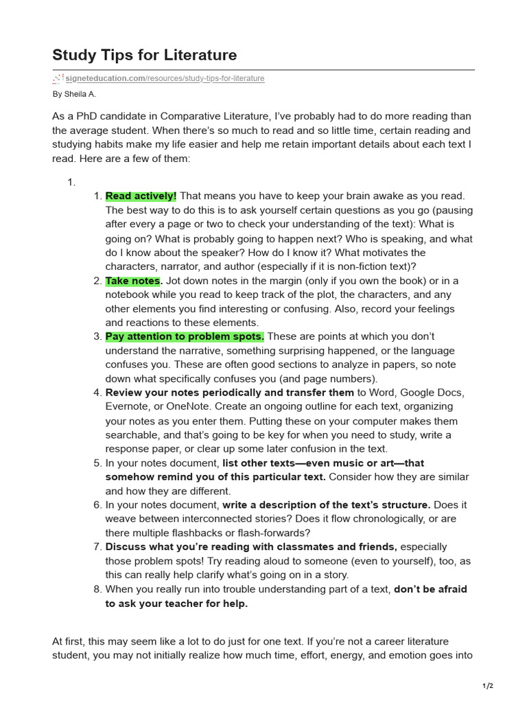 Study Tips For Literature | PDF