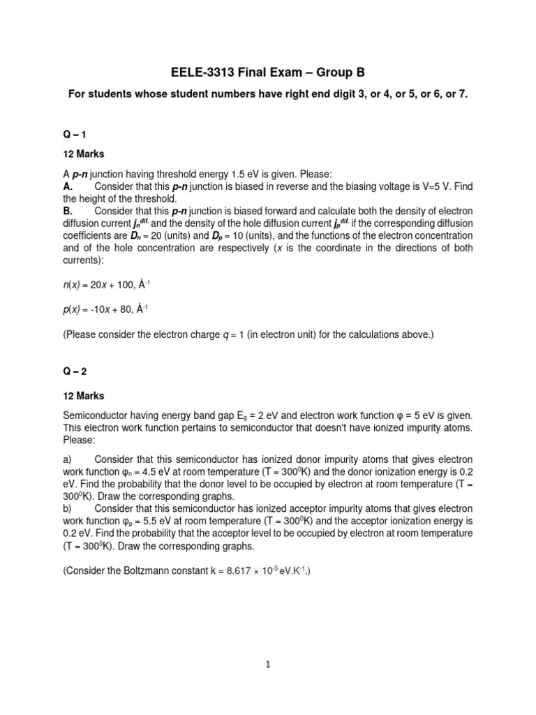 EELE-3313 Final Exam Group B Questions | PDF | P–N Junction | Electronvolt