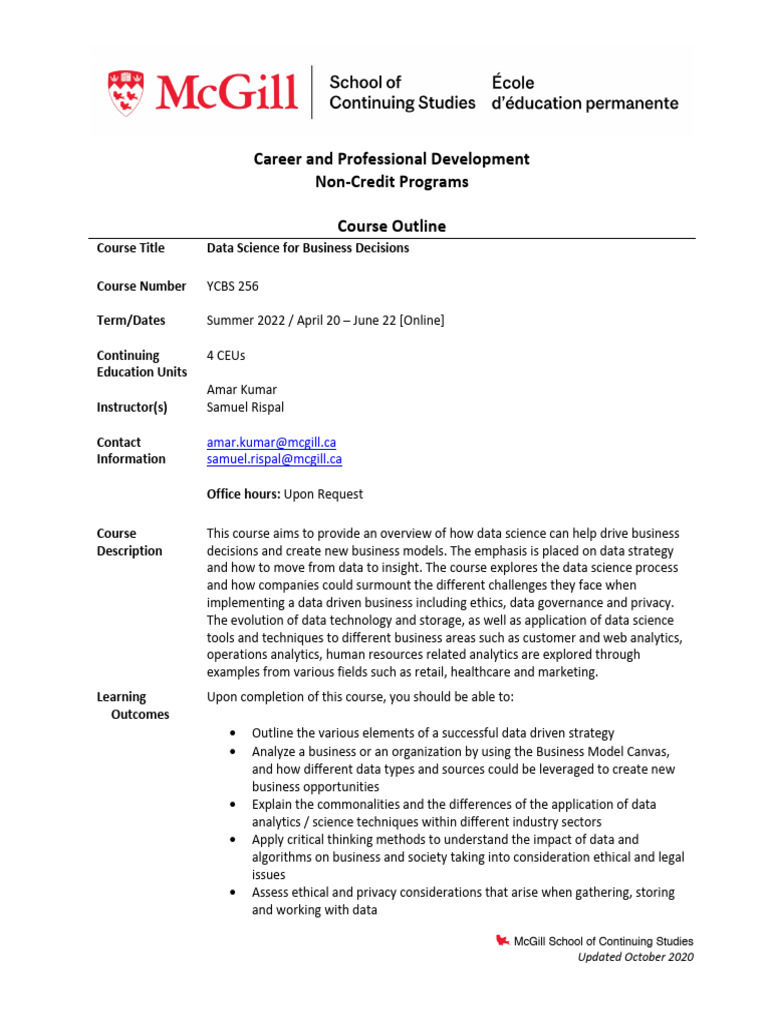 Data Science For Business Decisions Course Outline - McGill | PDF | Analytics | Data