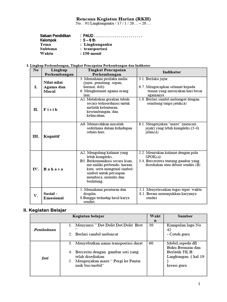 Rencana Kerja Harian PAUD 5-6 Tahun Tema 4. Lingkungan Minggu Ke 17 | PDF