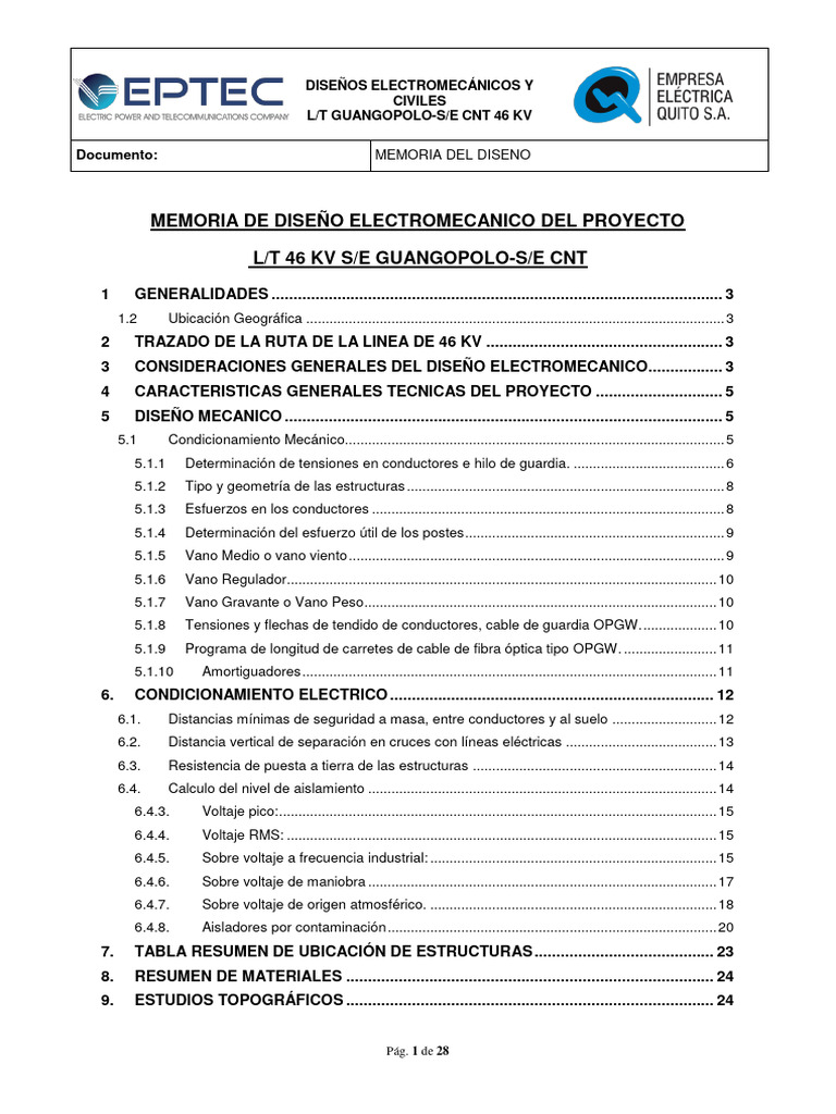 Memoria de Diseño Electromecanico Del Proyecto L/T 46 KV S/E Guangopolo-S/E CNT | PDF