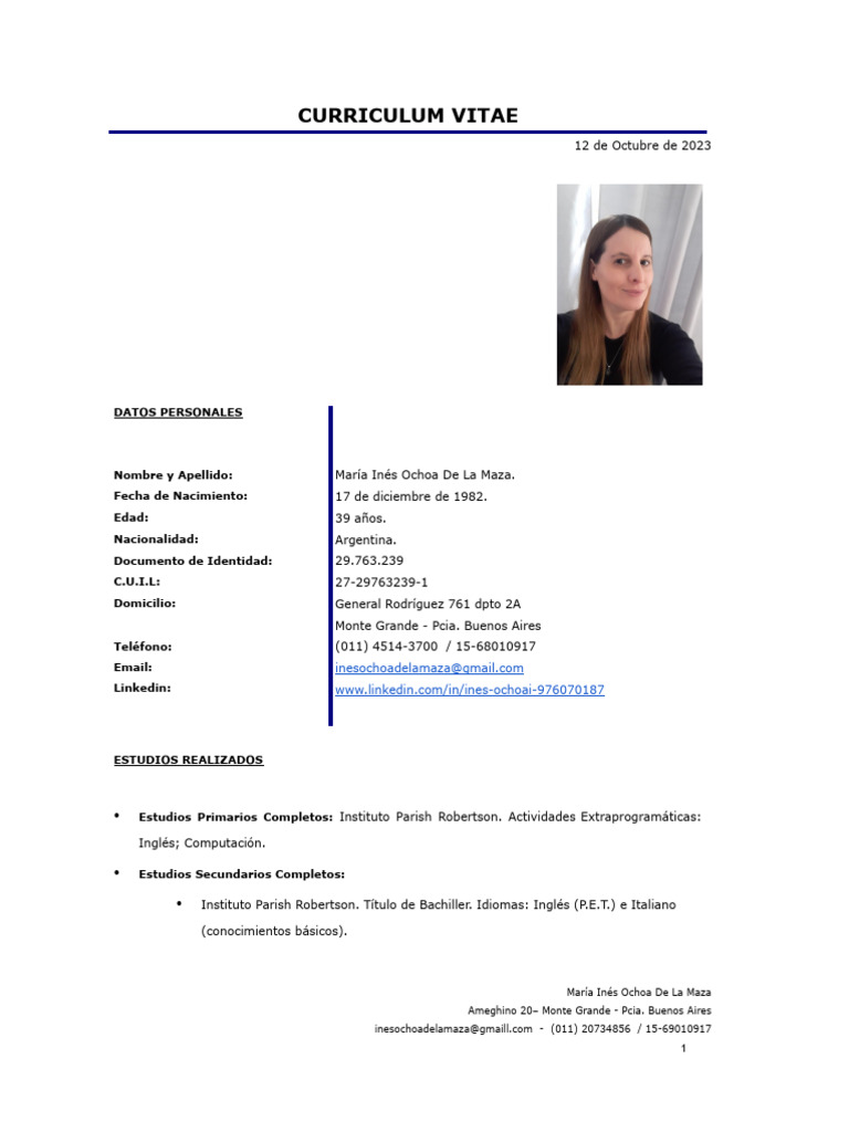 Curriculum Vitae de María Inés Ochoa | PDF