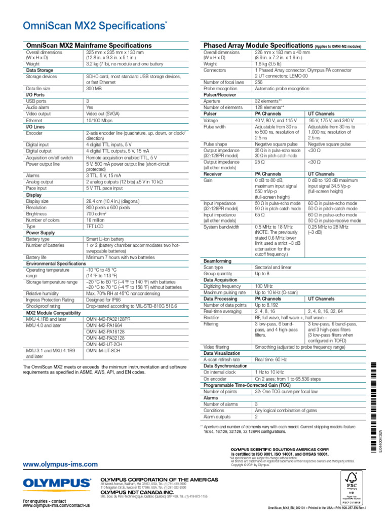 OmniScan MX2 Specs for Engineers | PDF | Usb | Input/Output