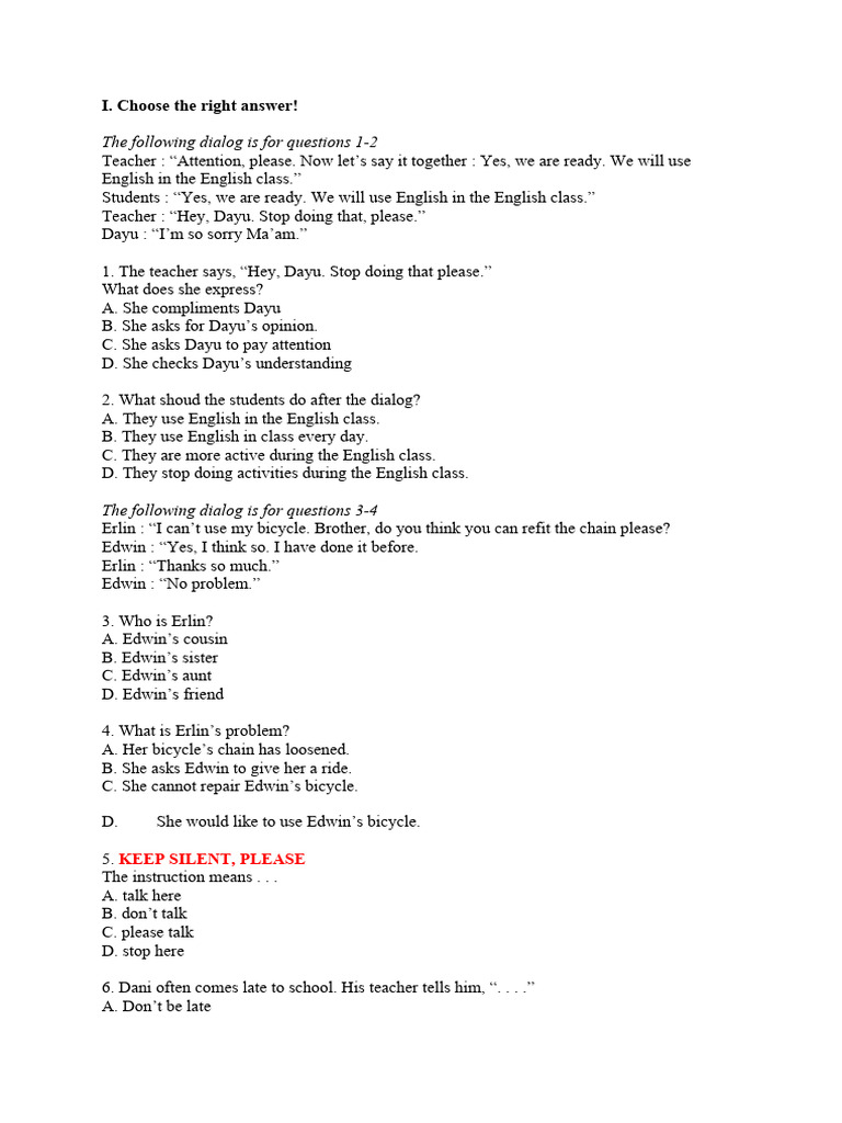 The Following Dialog Is For Questions 1-2: I. Choose The Right Answer ...