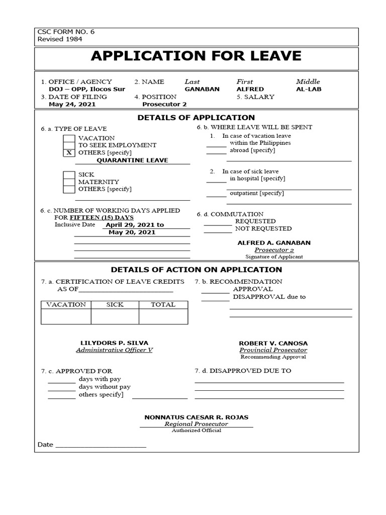 DOJ Leave Application Form 6 | PDF