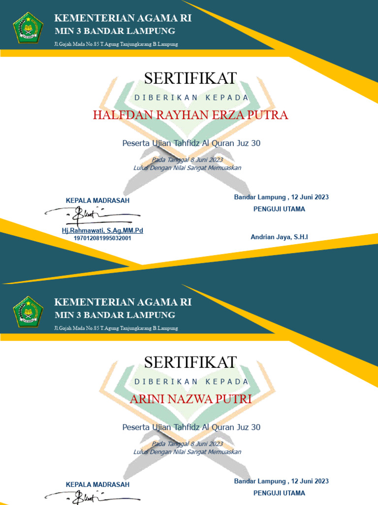 Sertifikat Ujian Tahfidz 1 | PDF