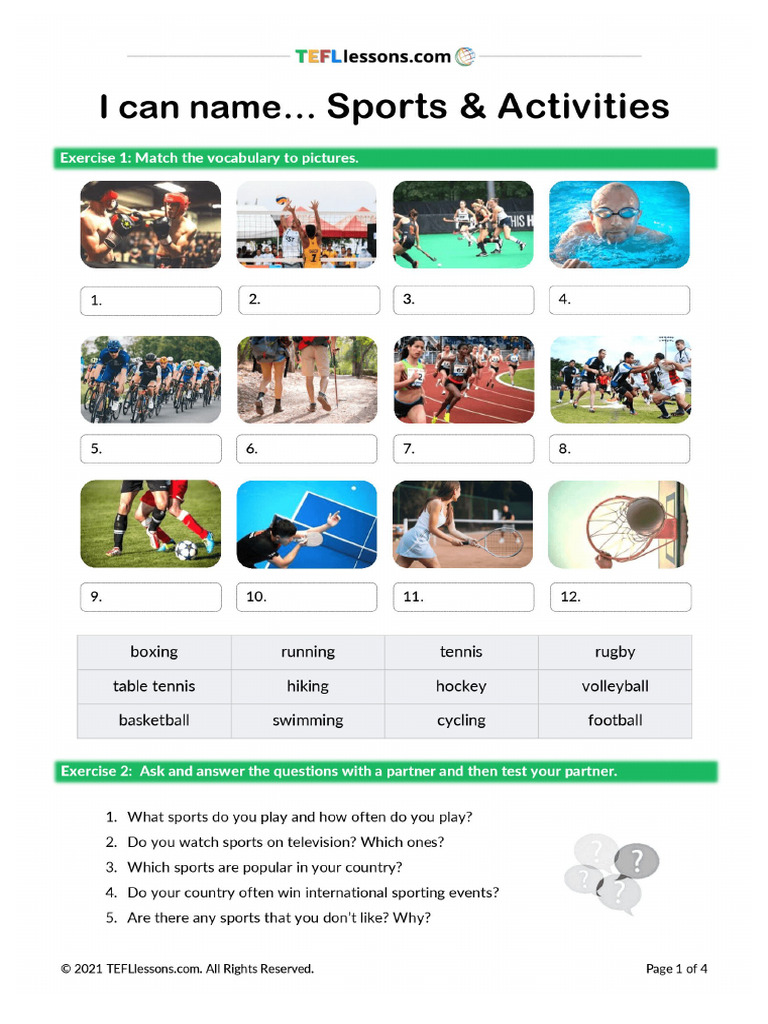 Sports Activities Vocabulary CLT Communicative Language Teaching ...