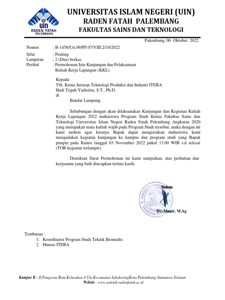 Surat BIOMEDIS ITERA Dengan Tembusan | PDF