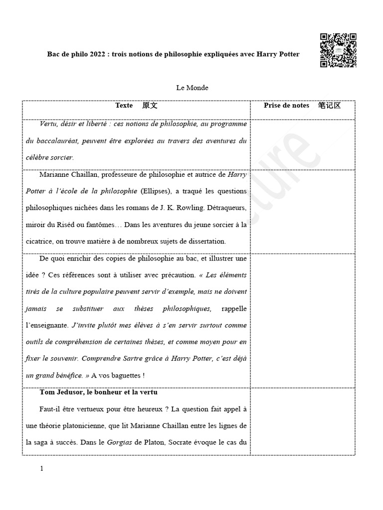 Bac de philo 2022 trois notions de philosophie expliquées avec Harry Potter | PDF